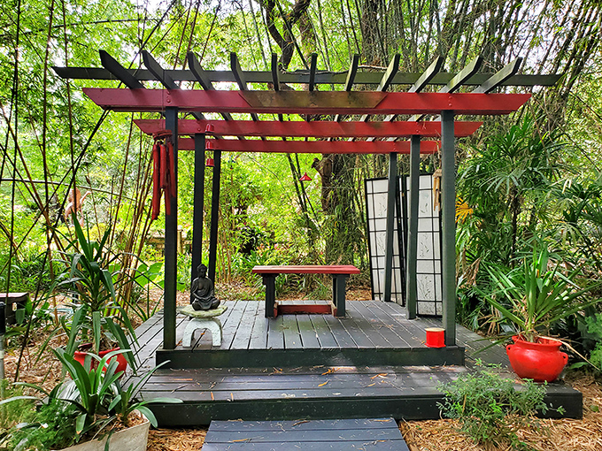A Japanese-inspired meditation space offers tranquility among bamboo, proving you don't need a passport to experience Zen in the Sunshine State.