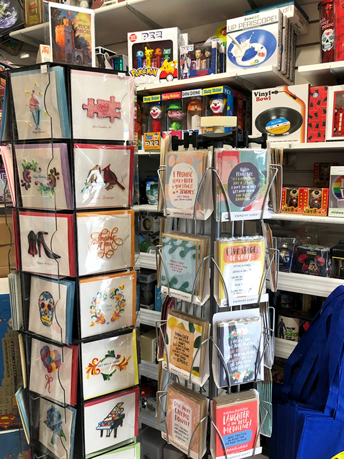 Artful greeting cards create a gallery of wit and sentiment, each one carefully selected to elevate the simple act of saying "hello."