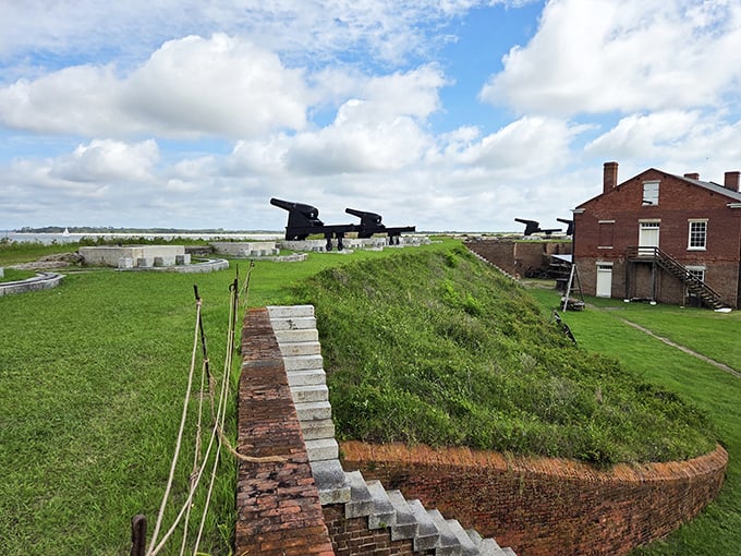 These cannons once defended American shores, now they defend against historical amnesia, reminding us of our nation's complex military past.