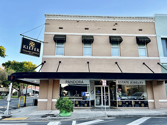 Kiefer Jewelers occupies a classic downtown storefront, where Pandora charms and estate pieces await behind gleaming display windows.