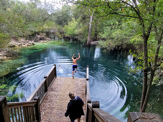That magical moment between courage and splash – pure joy captured mid-flight as gravity does its inevitable work.