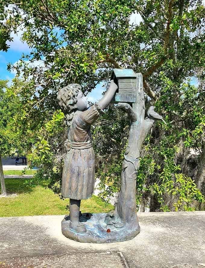 This charming garden sculpture adds an artistic touch to the natural landscape, showing that art and nature can coexist beautifully when done thoughtfully.