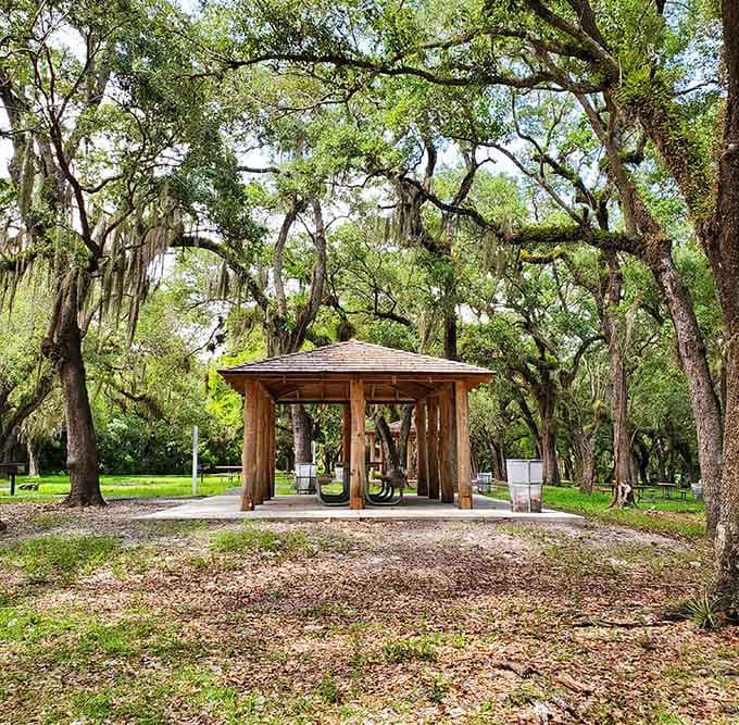 This pavilion offers shade and civilization when you need a break from pretending you're Robinson Crusoe on your island adventure.