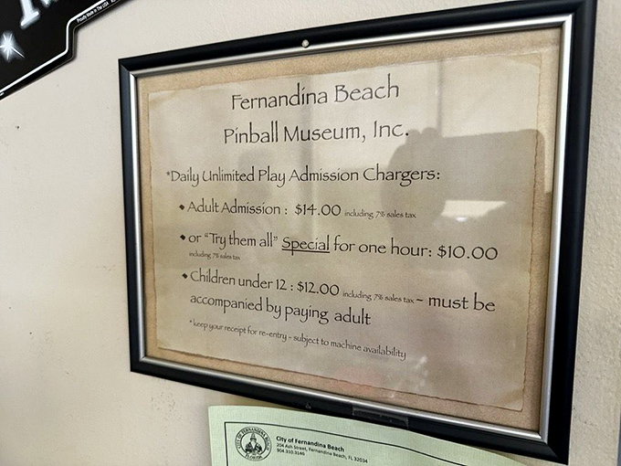 The pricing guide reveals the museum's greatest feature: pay once, play all day on every machine in the house.