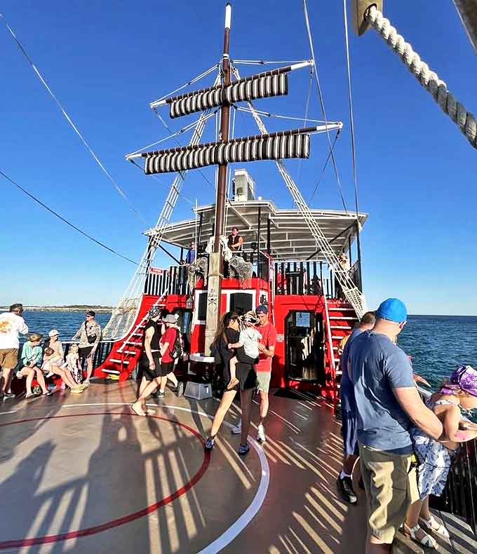 The upper deck provides panoramic views of Panama City Beach's coastline, turning sightseeing into an immersive pirate adventure.