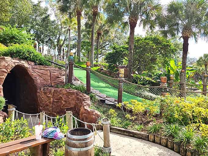 This mysterious cave opening beckons brave putters into its cool interior, where challenging angles and dim lighting await the adventurous golfer.