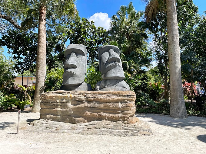 Easter Island meets Florida as these stoic stone faces keep watch over the garden, unfazed by centuries or selfie-takers.
