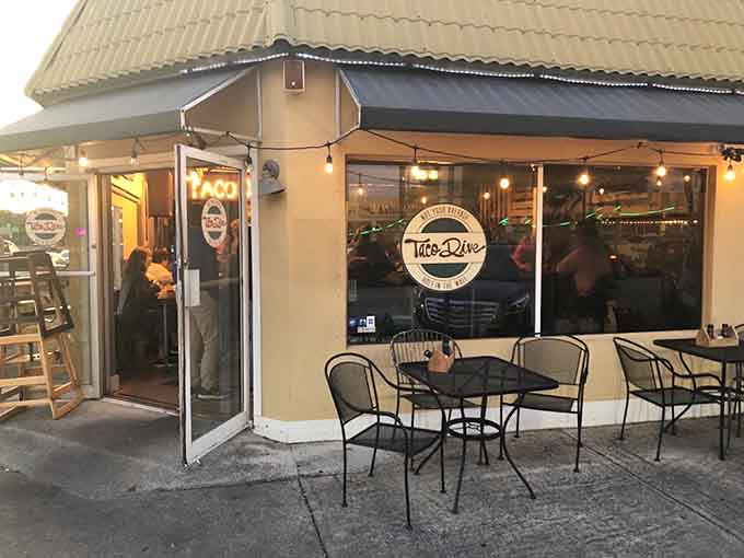 Outdoor seating extends the dining space, because sometimes the best way to enjoy tacos is under the Florida sky with a cold drink.