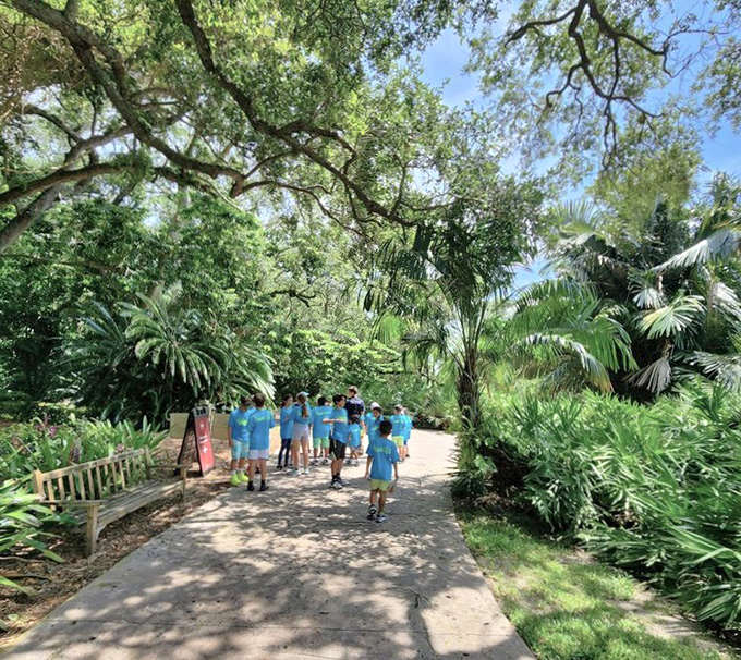 Young explorers in matching blue shirts discover tropical wonders together, their excitement about plants giving hope for conservation's future.