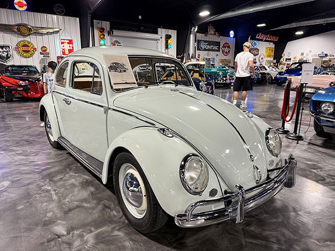 The iconic Volkswagen Beetle, looking like it just rolled off the assembly line, proves that good design never goes out of style.