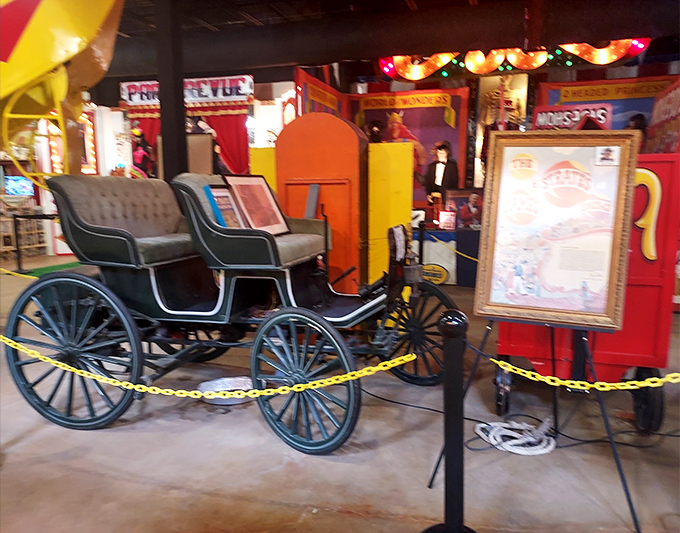 This elegant carriage represents the evolution of carnival transportation, from horse-drawn wagons to specialized motorized vehicles.