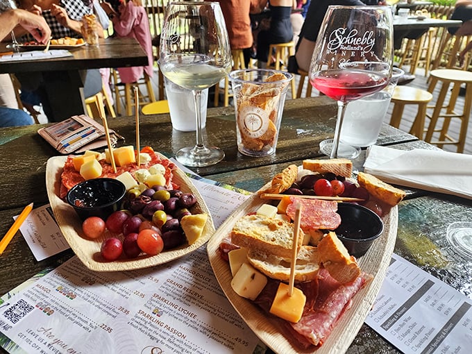 Charcuterie heaven! Schnebly's artfully arranged meat and cheese boards pair perfectly with their tropical wine flights.
