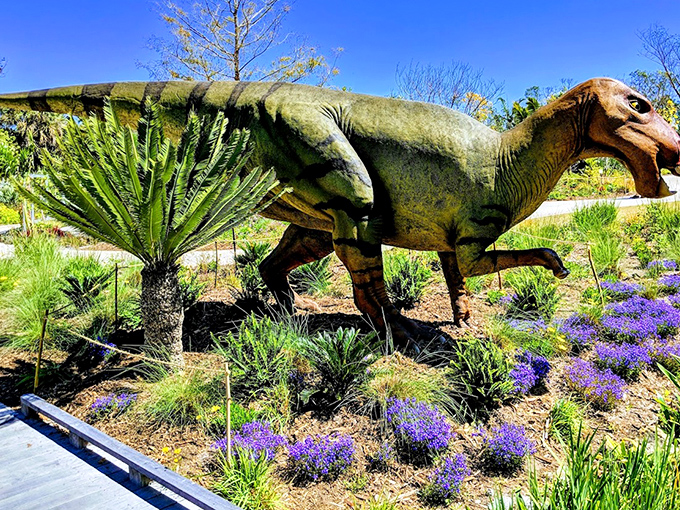 Prehistoric meets botanical as this life-sized dinosaur stands among cycads and ferns from its own era.