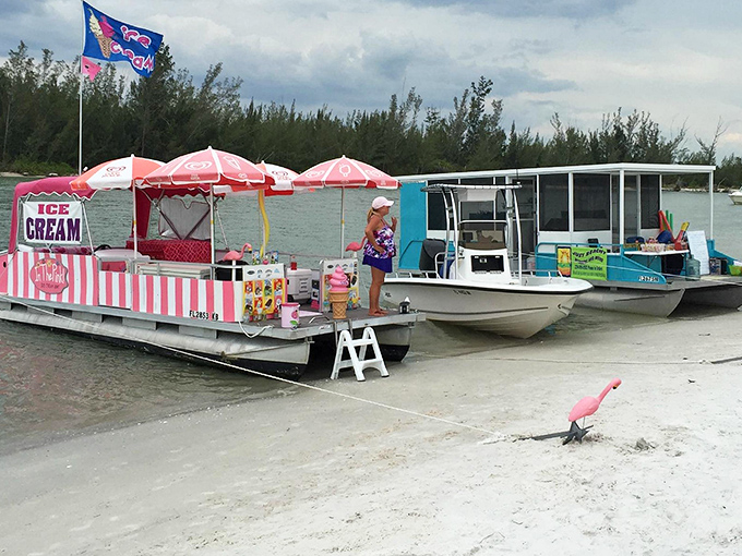 Floating refreshment stands bring new meaning to "waterfront dining," serving up cold treats to sun-soaked beachgoers.