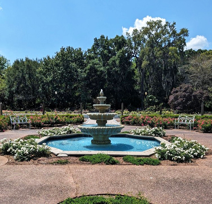 This elegant fountain creates a peaceful focal point, surrounded by blooms that change with the seasons.