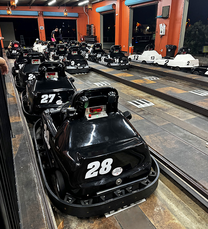 Go-karts line up like eager racehorses at the starting gate, their numbers promising friendly competition and inevitable claims of "you totally cut me off!"