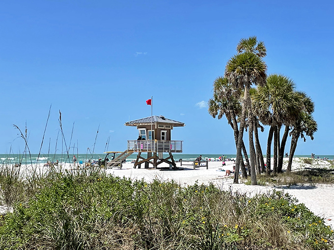 The lifeguard tower stands ready, a cheerful sentinel watching over beachgoers like a parent who's trying not to hover too obviously.