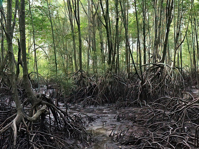 Mangrove roots create an otherworldly landscape, their tangled limbs forming nature's own modern art installation above dark, mysterious waters.