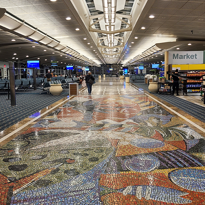Intricate mosaic floors throughout the terminal showcase Florida's artistic side &ndash; a colorful path for millions of hurried feet.