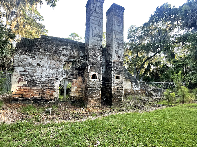 The ruins stand in defiance of time and elements, their sturdy construction a testament to 19th-century craftsmanship.