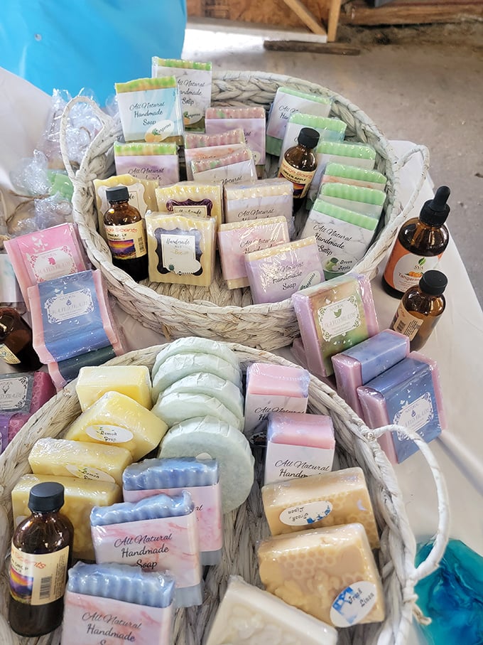 Artisanal soaps arranged like colorful confections promise to transform ordinary showers into spa experiences. Your skin will thank you for bypassing the drugstore aisle.