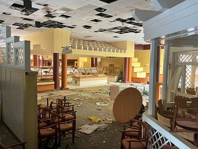 The restaurant where countless mediocre buffets were served now serves up only dust bunnies and regret, with a side of structural decay.