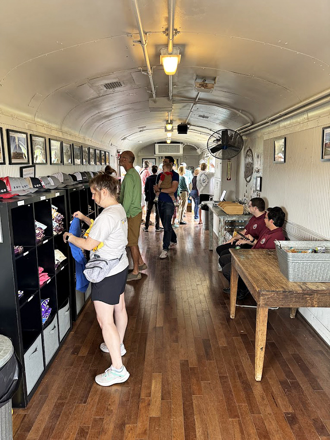 Passengers browse souvenirs in the converted baggage car, taking home memories of their sweet journey through Florida's heartland.
