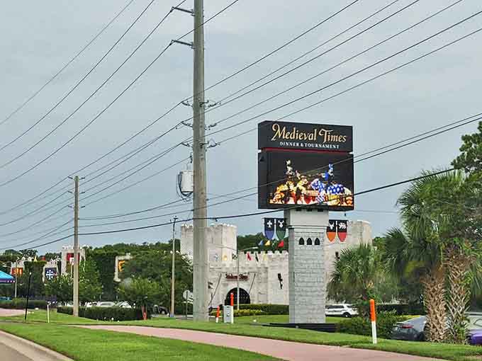 The Medieval Times signage stands tall against the Florida sky &ndash; a beacon of anachronistic entertainment promising feasting and jousting in air-conditioned comfort.