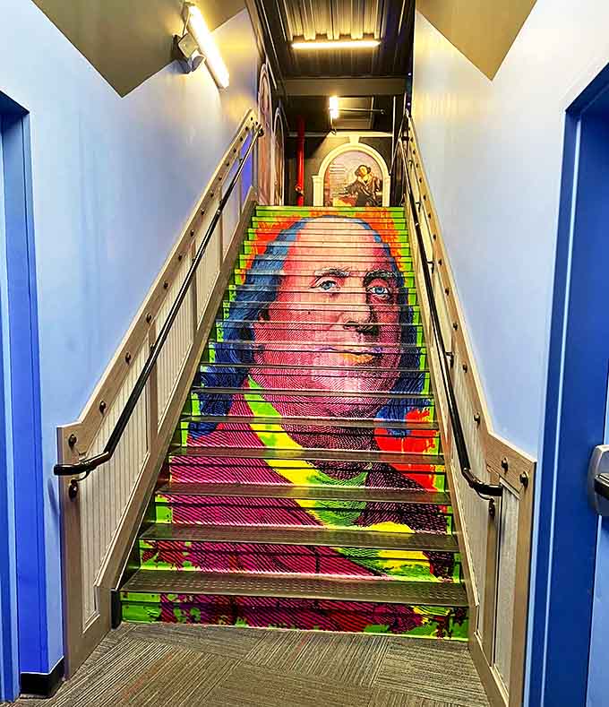 Even the stairs refuse to be ordinary at WonderWorks, with Benjamin Franklin watching your ascent, silently judging your cardiovascular fitness.