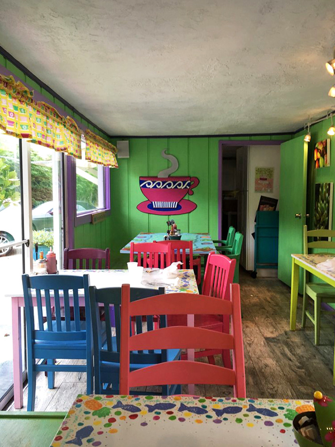 A riot of color where every chair is different, yet somehow they've created the most inviting dining room in the Keys.