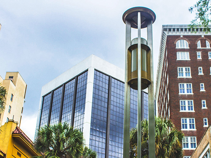 Downtown Orlando's skyline provides a metropolitan backdrop for this artistic celebration of Florida's aquatic heritage and natural beauty.