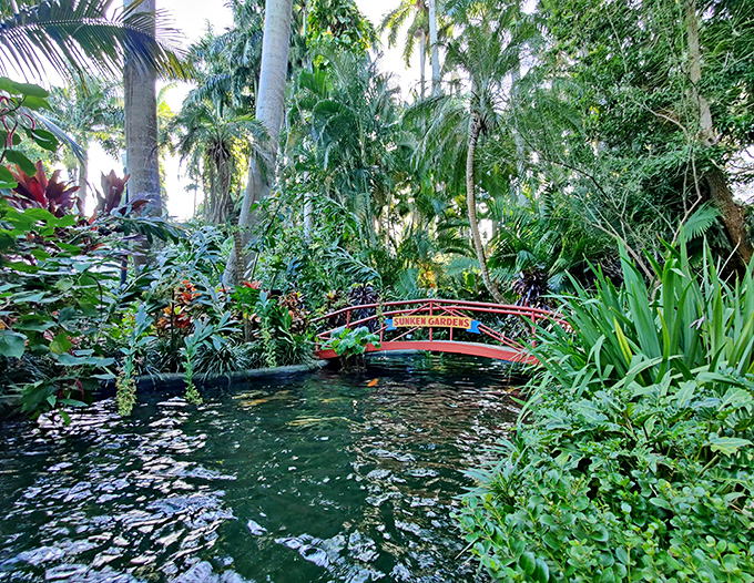 A red bridge arches over tranquil waters, creating a scene so perfectly serene it could lower your blood pressure just by looking at it.