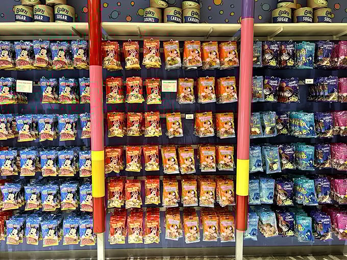 Shelves stocked with character-themed treats prove that Disney magic extends even to the humble gummy bear and chocolate bar.