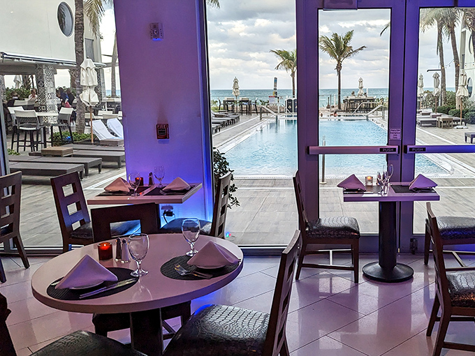Tables positioned by floor-to-ceiling windows offer diners front-row seats to the pool and ocean beyond &ndash; dinner with a view that's hard to beat.