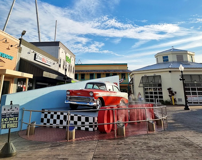 Restored classic cars showcase automotive history in this charming throwback entertainment district.