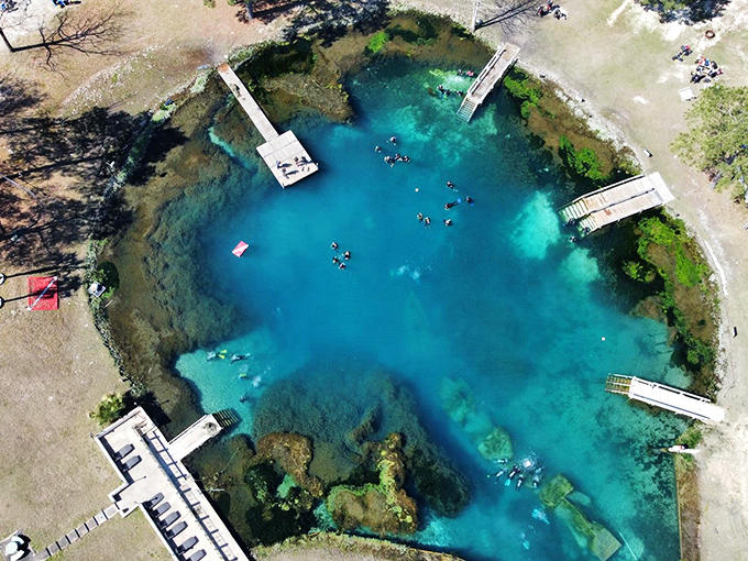 From above, the spring reveals its true scope, a natural wonder that's been pumping out millions of gallons daily long before humans showed up with scuba tanks.