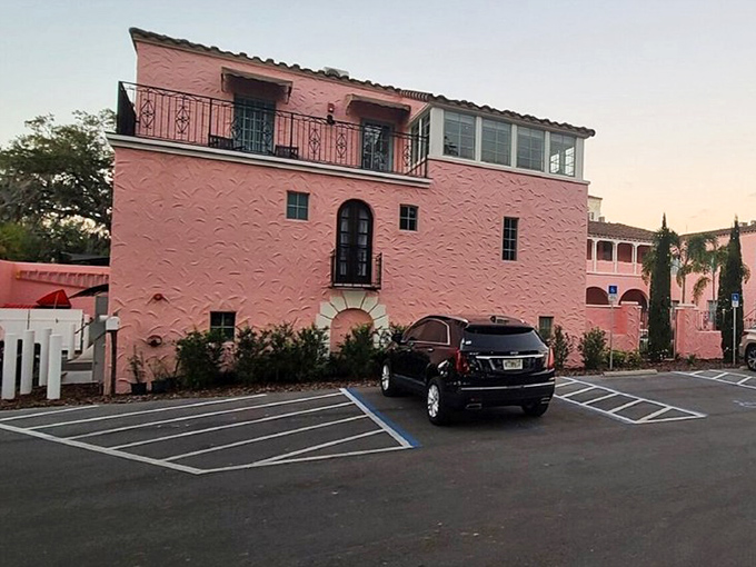 Back Parking Area: Even the parking area maintains the Hacienda's pink charm – a reminder that here, every detail matters, from grand ballrooms to where you leave your car.