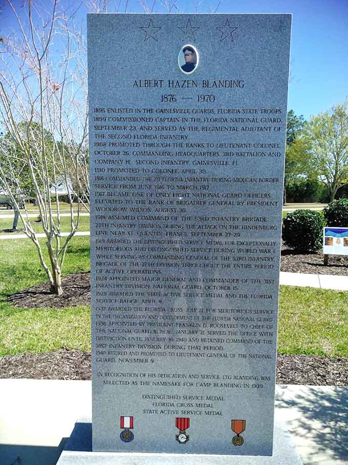 Albert Hazen Blanding's memorial details his remarkable military career spanning decades, conflicts, and countless leadership positions throughout Florida's military history.