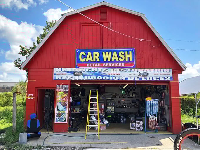 Even vehicle maintenance gets the Mi Pueblo treatment &ndash; this red barn car wash promises sparkle with a side of character.