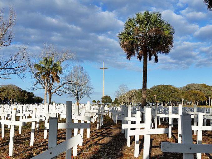 White crosses stand in formation like a solemn army, each marking a life story that contributed to the rich tapestry of St. Augustine's history.