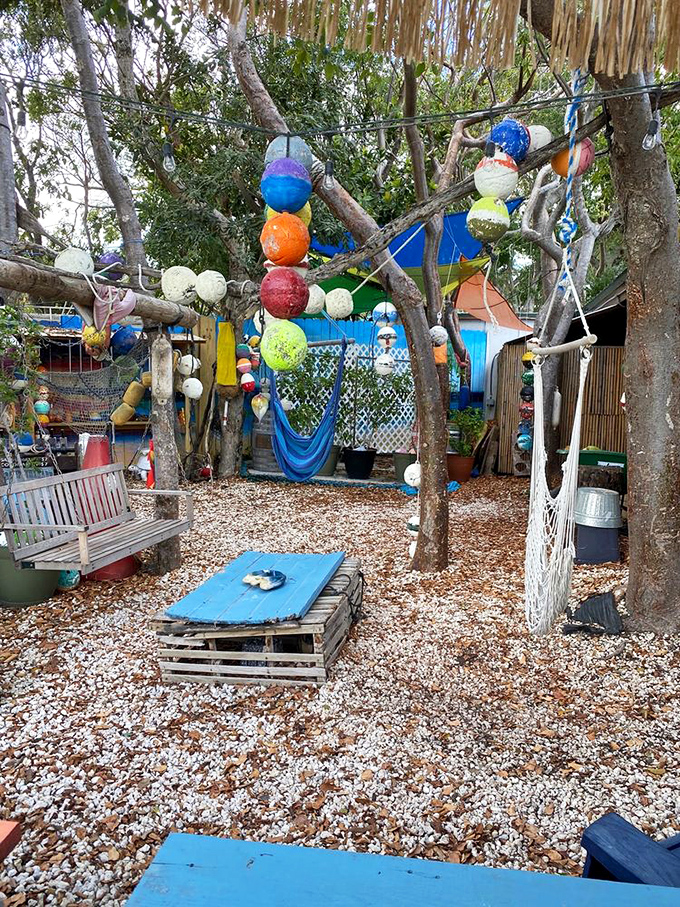 This shell-strewn courtyard with its hanging buoys and hammock captures the Keys' philosophy: life's better when it's a little off-kilter.