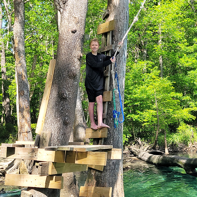 The rope swing beckons the brave, promising that perfect moment of suspended animation before the refreshing plunge into liquid crystal.