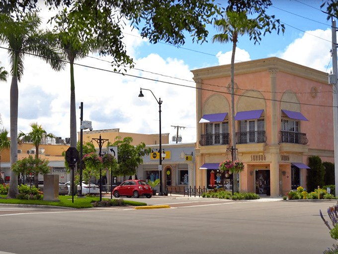 Downtown Venice's pastel-colored buildings and awning-shaded sidewalks create an atmosphere that slows your pace to "Florida time."