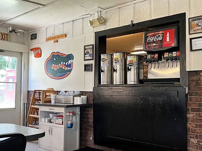 The drink station sports a Florida Gators logo &ndash; a hint that college football loyalties run as deep as barbecue traditions here.