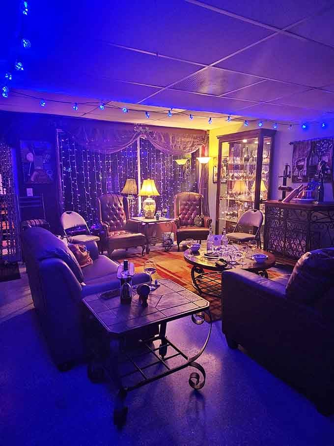 This cozy lounge area bathed in purple light looks like where wine lovers go when they die and go to heaven.