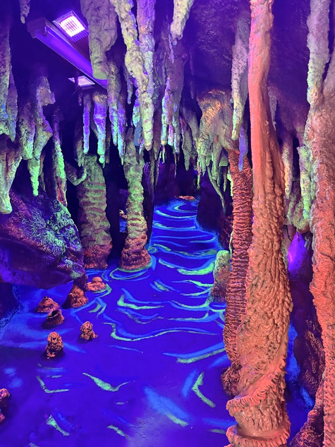 Step into this psychedelic underground wonderland where black lights transform ordinary putting into a fluorescent fantasy adventure.