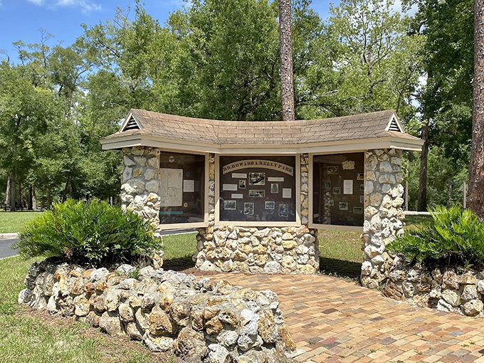 History meets nature: This charming stone kiosk shares Kelly Park's story, though the real narrative is written in the flowing springs beyond.