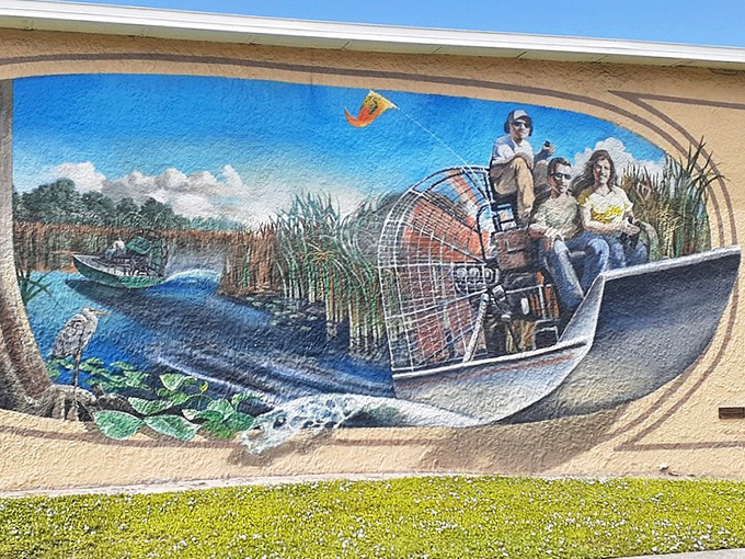 Lake Placid Airboat Adventure Mural Almost hear the engine roar in this dynamic scene where painted passengers experience Florida's wild waterways.