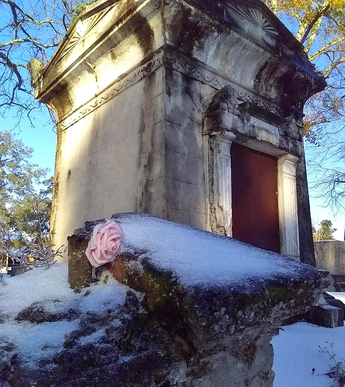 The mausoleum's distinctive silhouette stands out against winter-bare trees, a permanent fixture in a landscape of constant change.