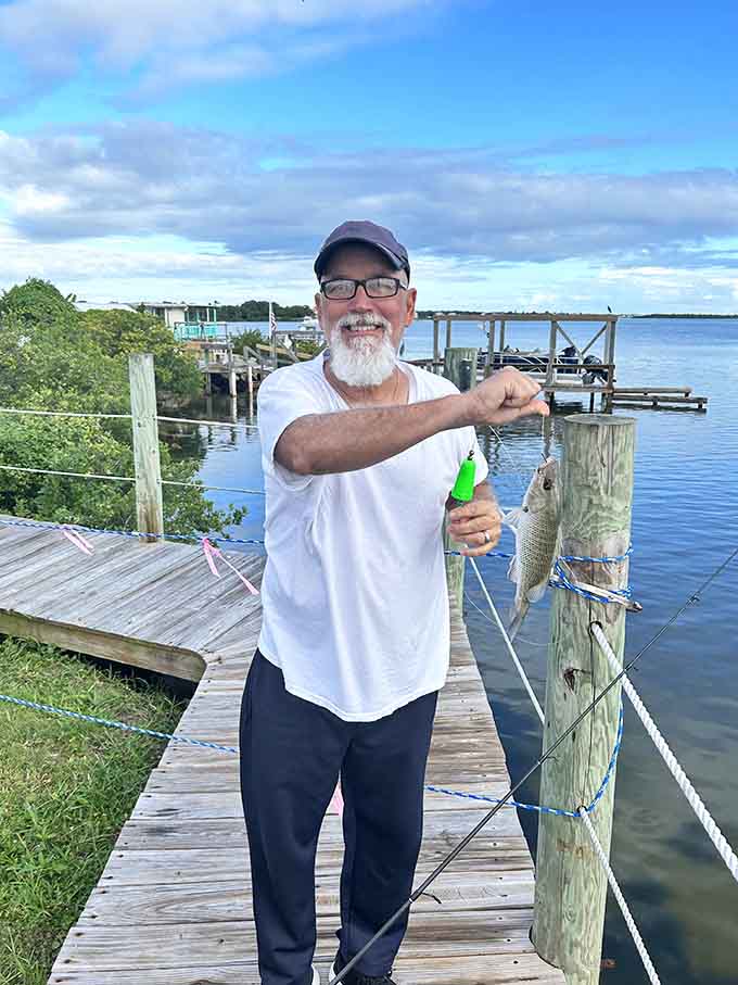 The pride of a successful fishing trip shines through, because there's nothing quite like catching dinner in these abundant waters.